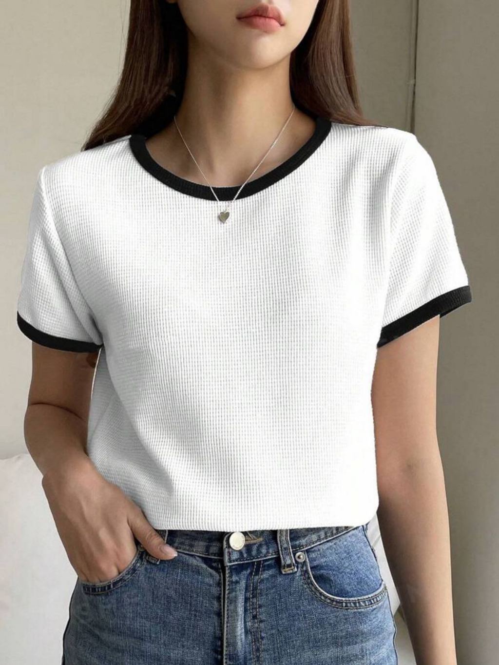 Angelcity Contrast Binding Round Neck Tee Full Length T Shirt Korean ...
