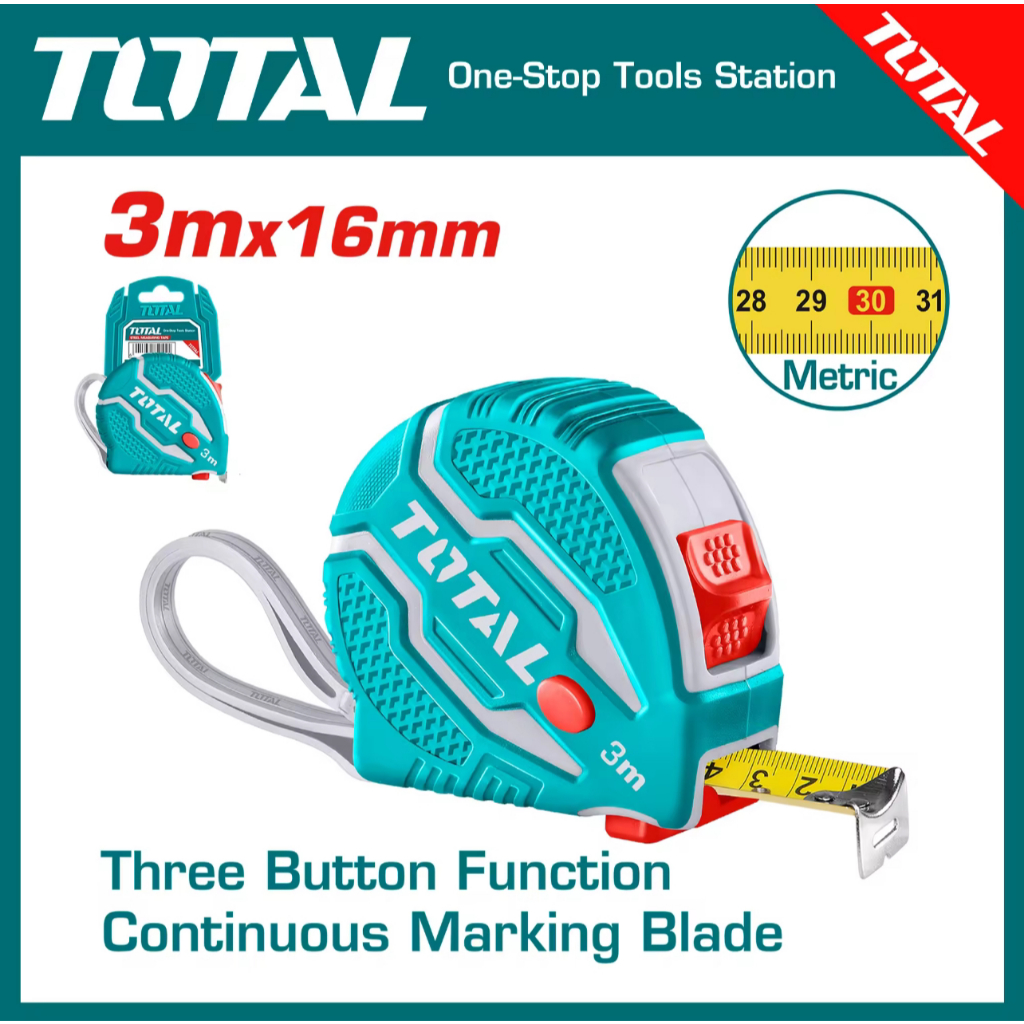 TOTAL Steel Measuring Tape 3m 5m 8m 10m Meters Rubber Cover Metric Inch ...