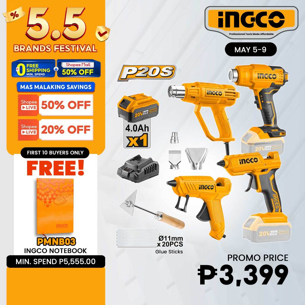 Ingco 20V Lithium-Ion Cordless Glue Gun CGGLI2001 / Combo kit Set ...