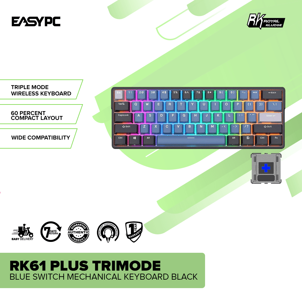 EasyPC| Royal Kludge RK61 Plus Trimode Mechanical Keyboard| BLK/Indigo ...