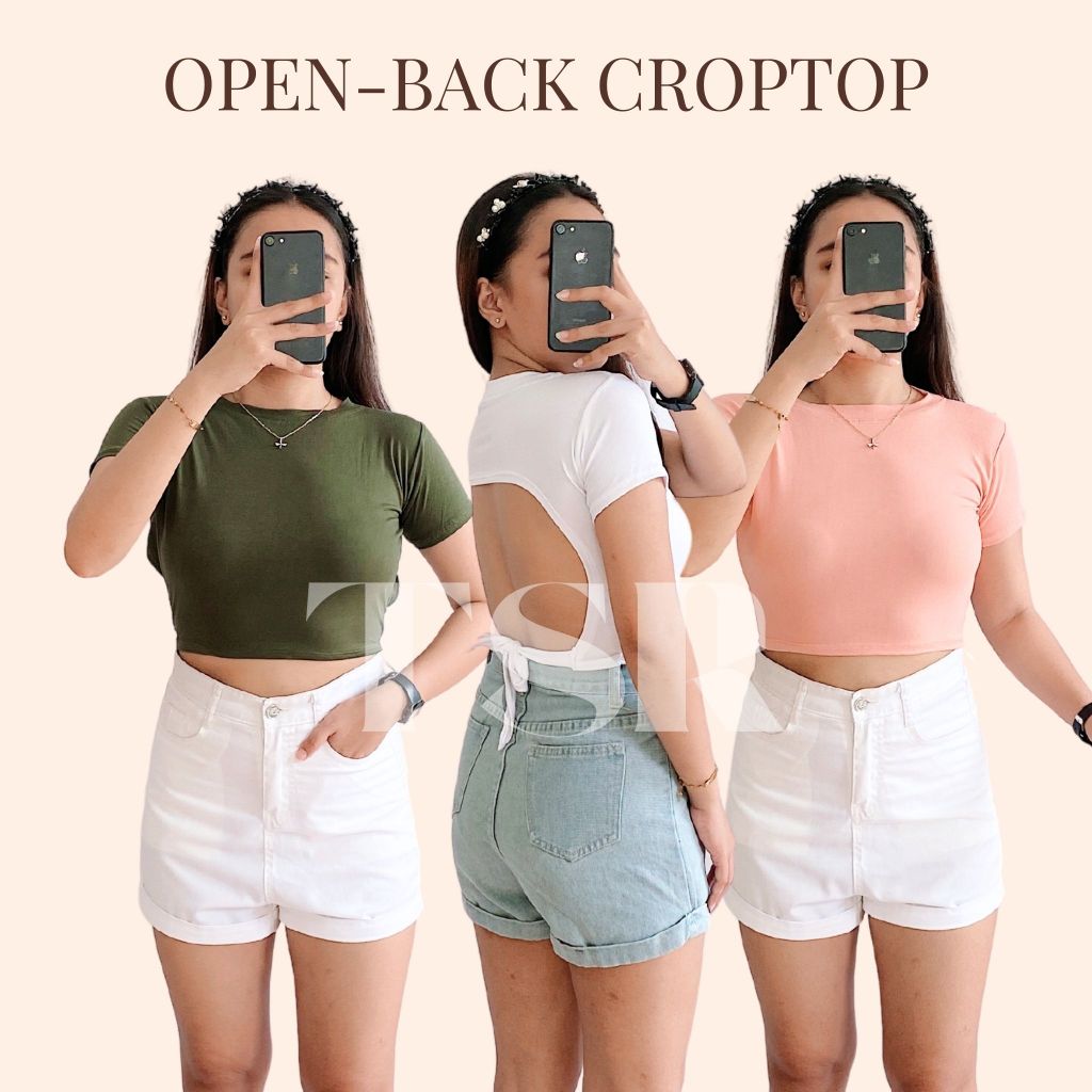 TSR Open-Back Tied Crop Top (Trendy Korean Inspired Fashion Basic Plain ...