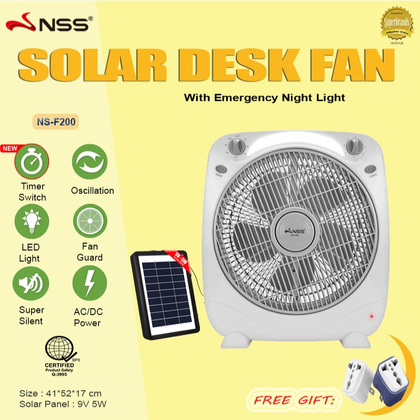 NSS Solar Fan 12‘’ Desk Fan With Solar Panel 9V 5W LED Light Low Noise ...