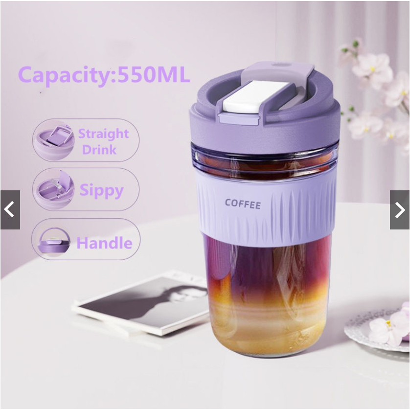 550Ml Glass Travel Coffee Mug Reusable with Lid and Straw Portable To Go Iced Tea Coffee Cup ...