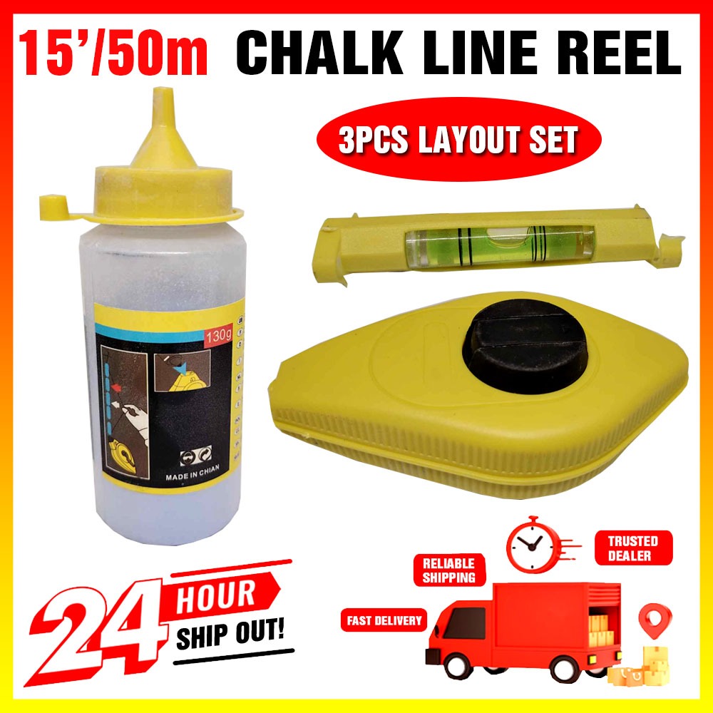 3pc layout set chalk line 15`/50M marker w/ power pitik level bar ...