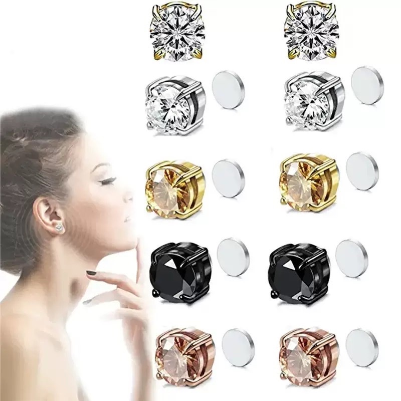 MM 18K GOLD Korean No ear hole 6mm zircon magnet ear clip simple single ...
