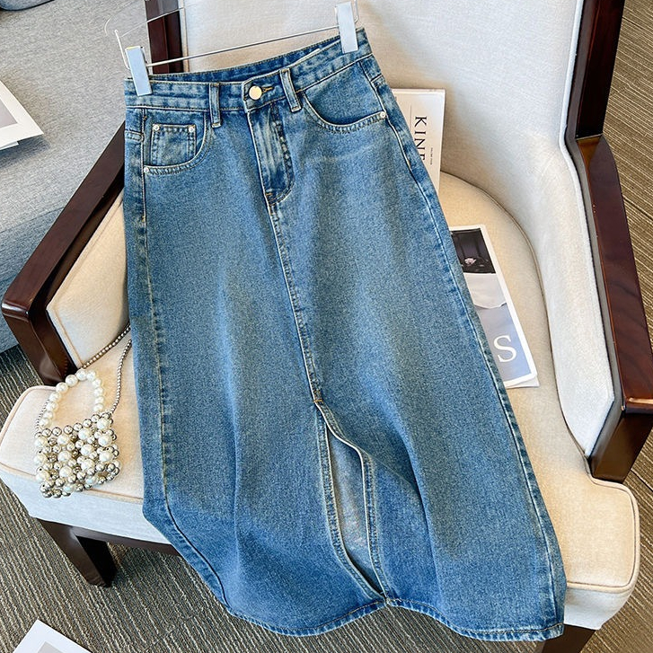 Sexy High Slit denim long skirt plus size high waist fashion A-line ...