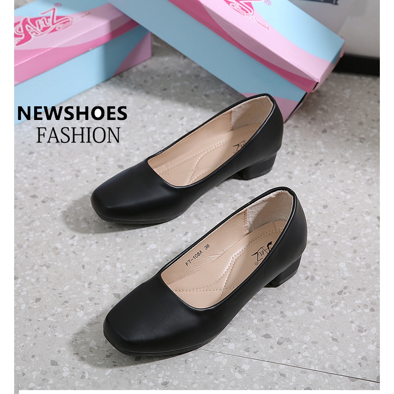 [LIN] 1 inch square toe black leather shoes student , office shoes high ...