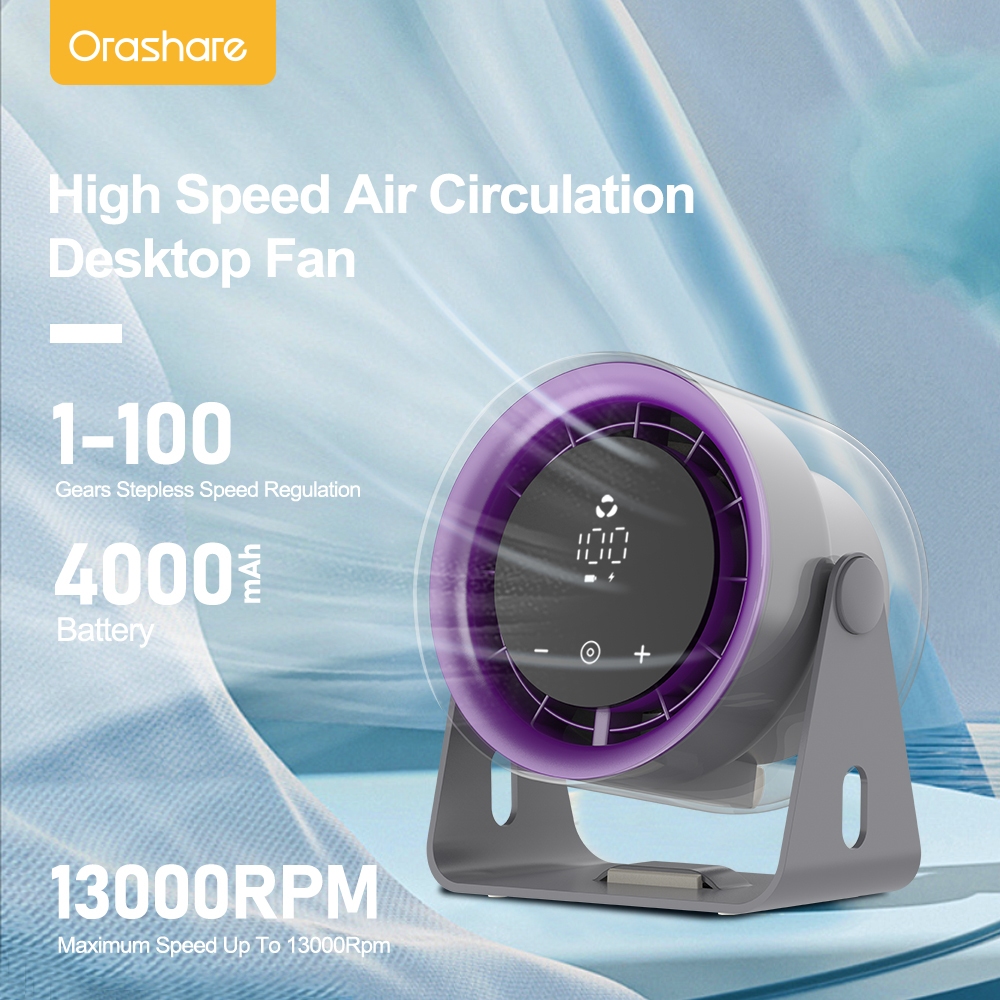 Orashare DF03 High Speed Desk Fan Rechargeable Fan 100 Gears Strong Wind Digital Display Fan ...
