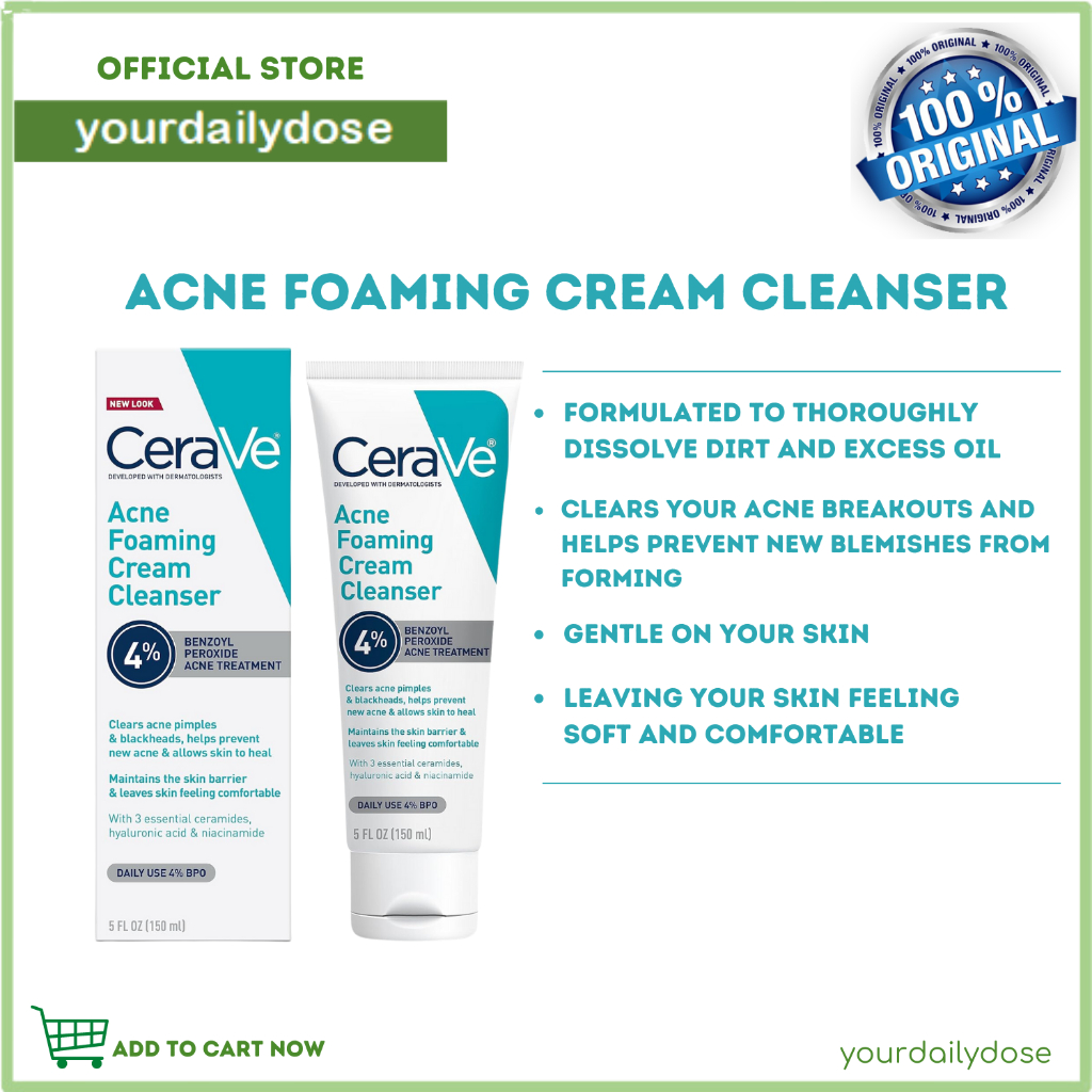 Cerave Acne Foaming Cream Cleanser 4% BENZOYL PEROXIDE ACNE TREATMENT ...