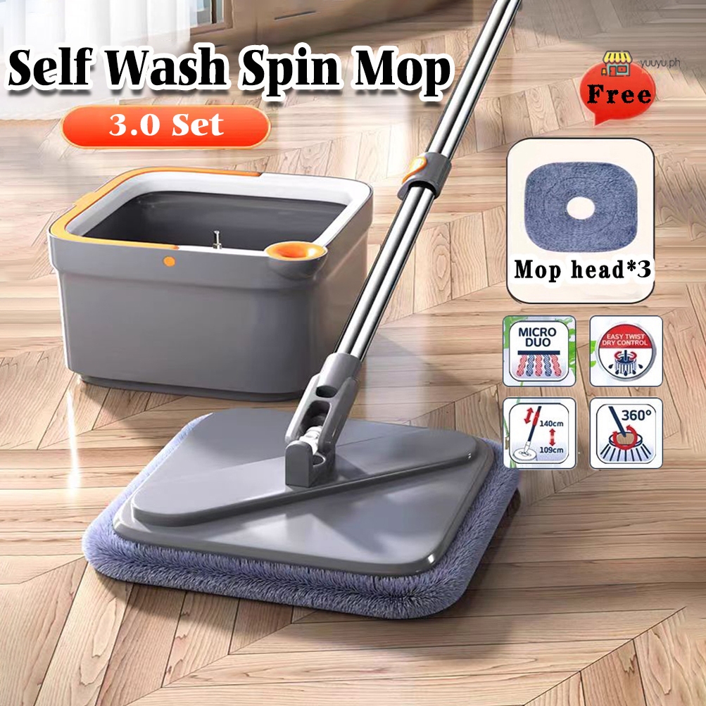Self Wash Spin Mop 3.0 Set Flat Mop 360 Rotating Floor Mop with 3cloth ...