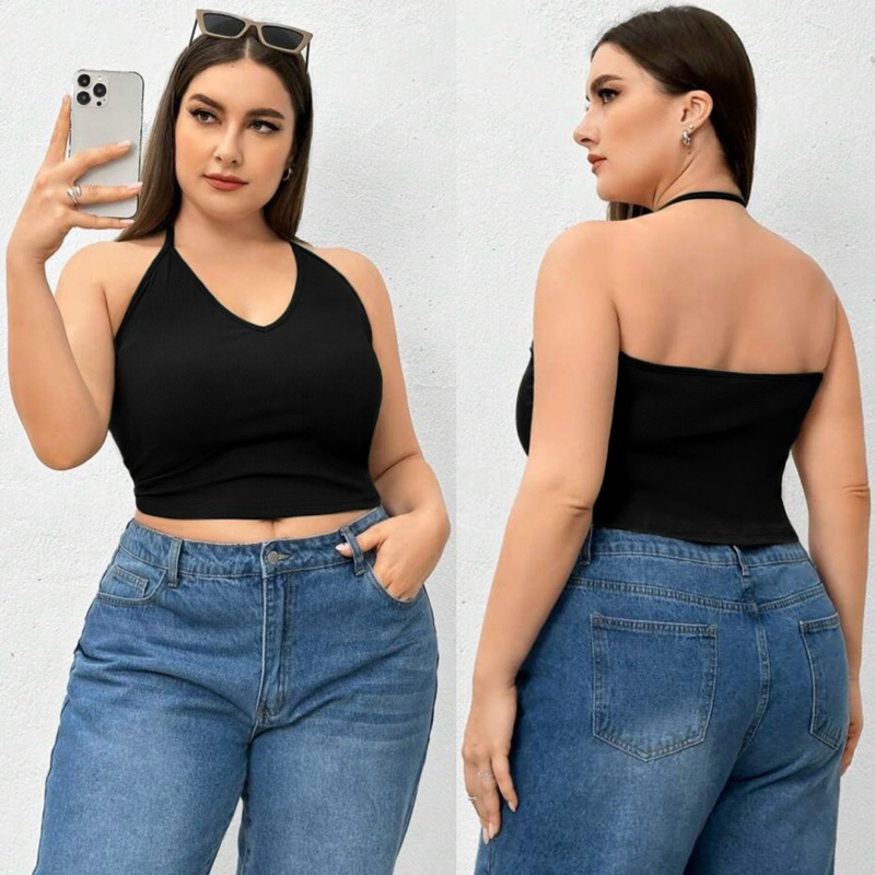 V-NECK HALTER Plus size backless croptop Knitted Fabric fits L-3XL ...