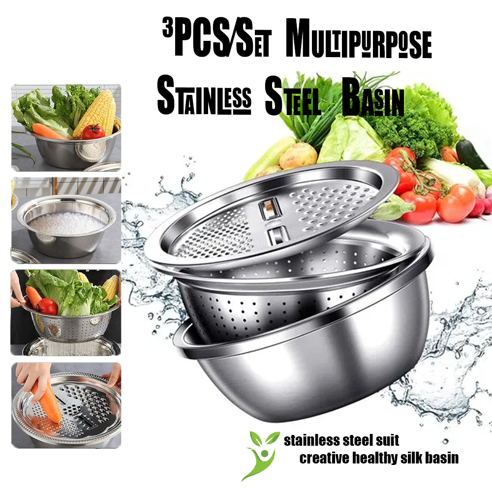 3PCS/Set Multipurpose Stainless Steel Basin with Vegetable Cutter with ...