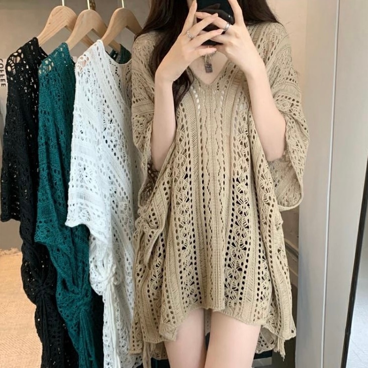 Jolly Chic V-neck Side Drawstring Hollow Out Crochet Cover Up Oversize ...