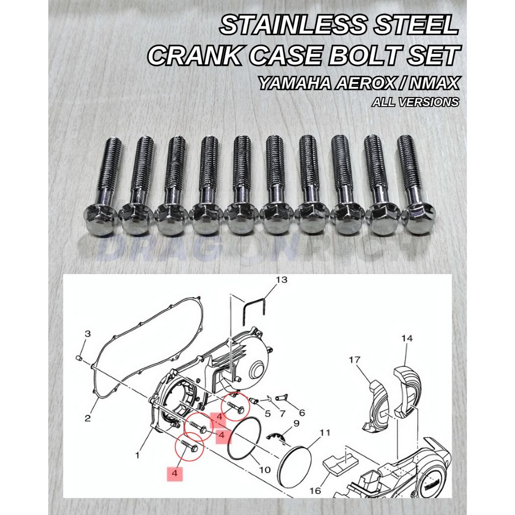 AEROX/NMAX Crank Case Bolt Set CVT Inner Stainless Bolts Chrome Allen ...