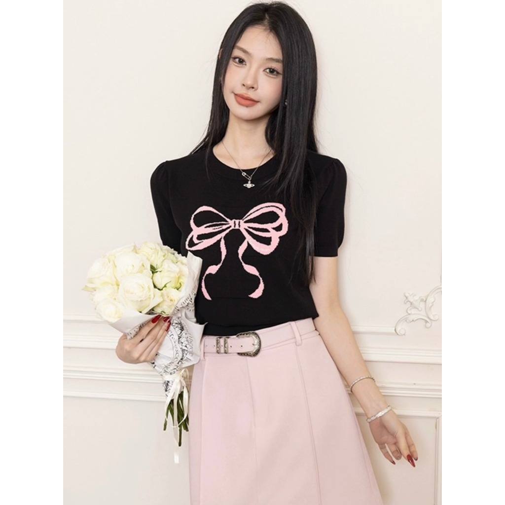 Urban Sister Ribbon Print Sweet Knitted Top M1289 | Shopee Philippines