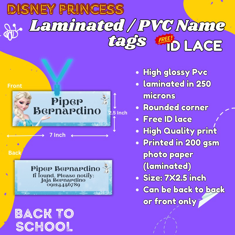 Name plate/name tag/ PVC/laminated/disney princess | Shopee Philippines