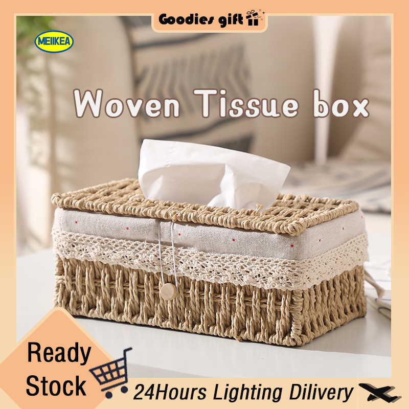Straw Tissue Box With Cover Paper Woven Storage basket Desktop Remote ...