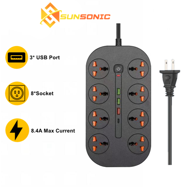 Tb-22 8.4A Universal Power Socket Extension With 8 Ac Sockets, 3 Usb ...