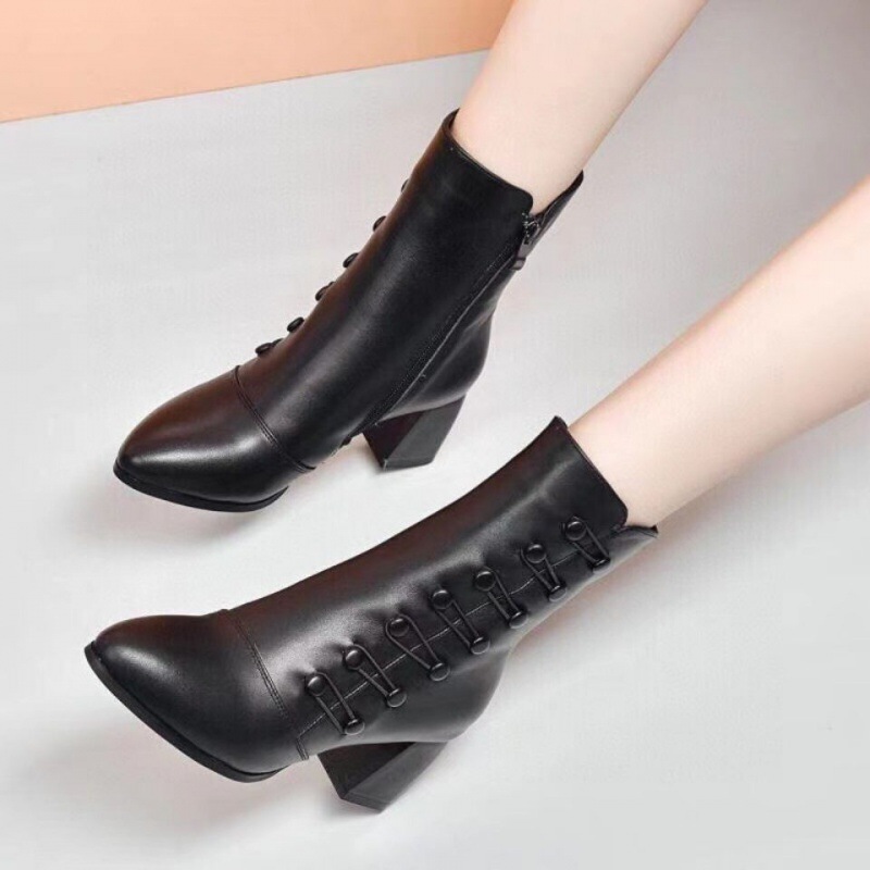 Size 35-42 Women's Leather Shoes High Heel Short Boot Thick Heel Mid ...