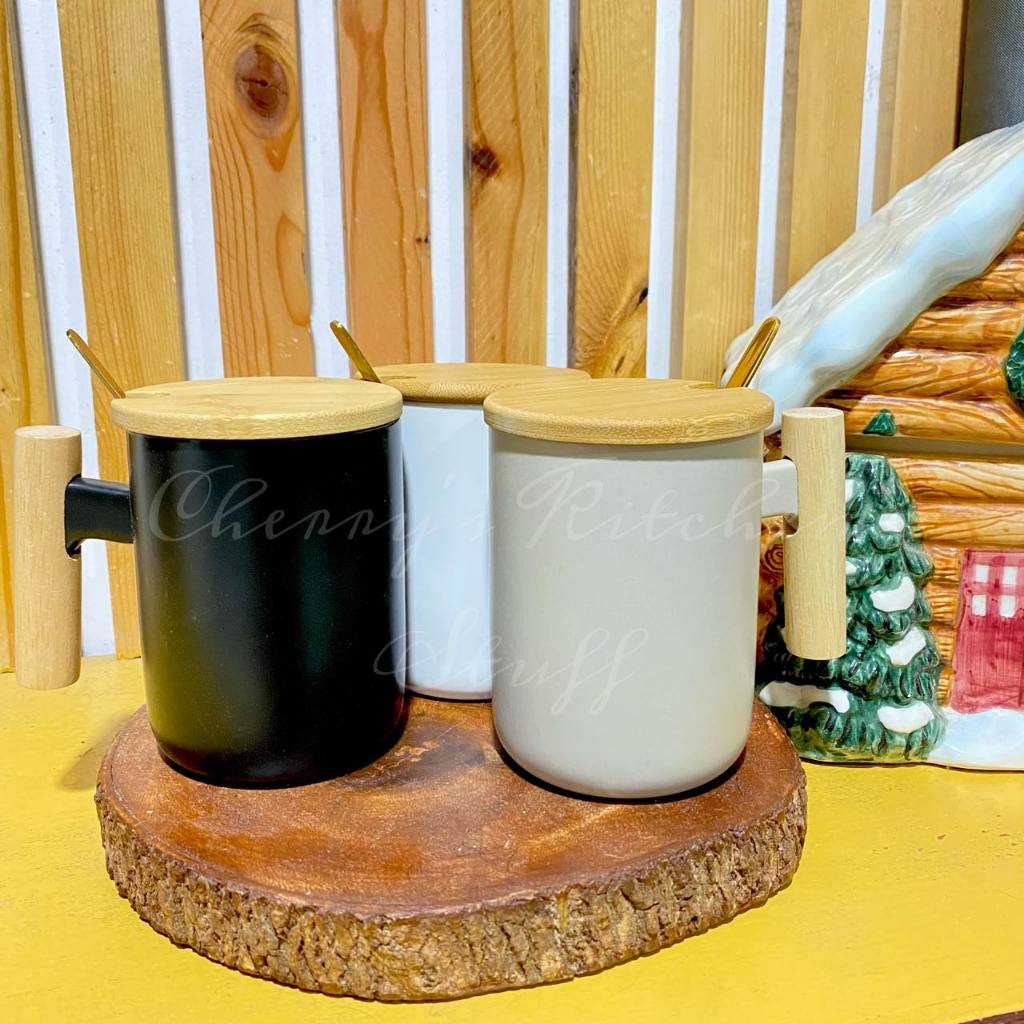 Nordic Ceramic Slim Mug Coffee Cups with Wooden Lid Handle and Spoon ...