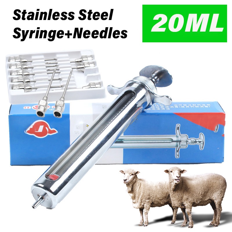 Stainless Steel Syringe Veterinary Injector +1 Dozen assorted Needles ...