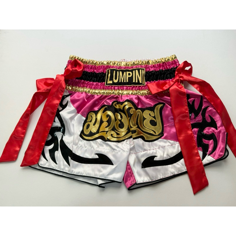 Ram Lumpini Satin Muay Thai Fight Shorts Pink White with Red Ribbons ...