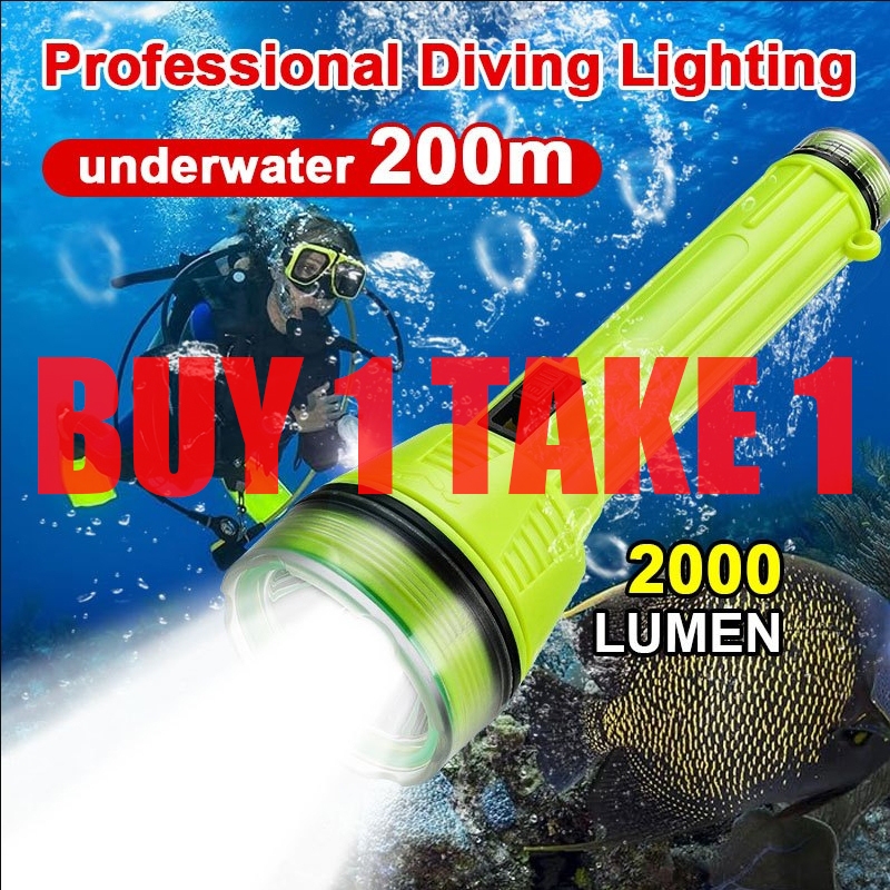 (COD) Diving Flashlight Rechargeabl Underwater 200m Waterproof LED ...