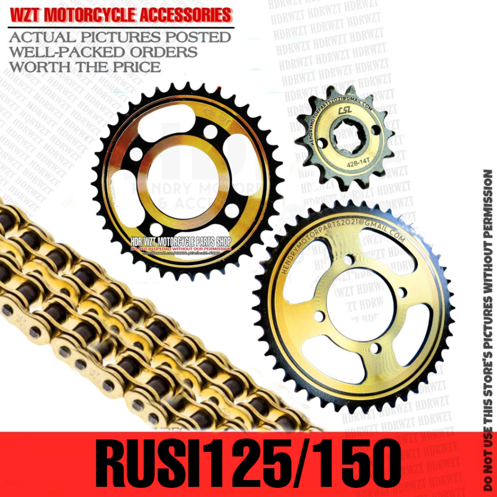 WZT RUSI125 / RUSI 150 Gold Chain And Sprocket Set (14T/38T 428H-110L ...