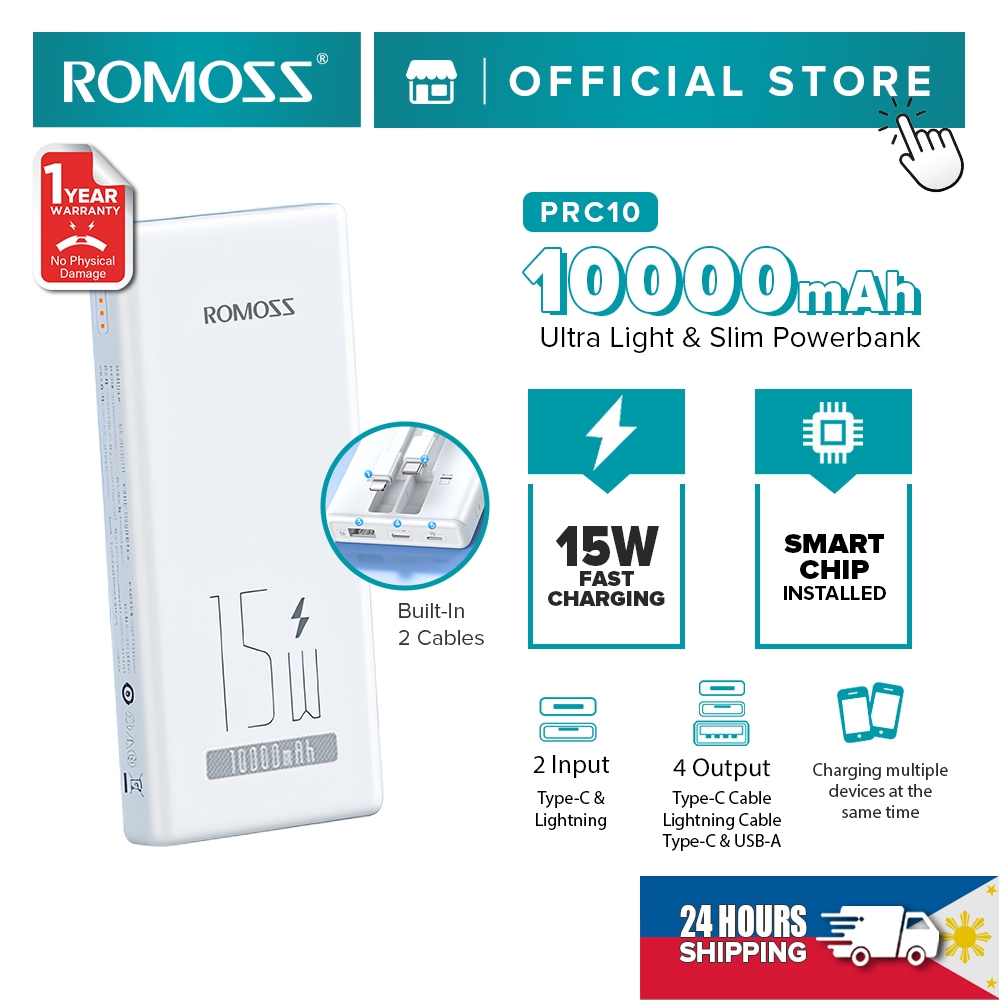 Romoss PRC10 10000mAh 15w with Built In Dual Cable Power Bank Lithium ...