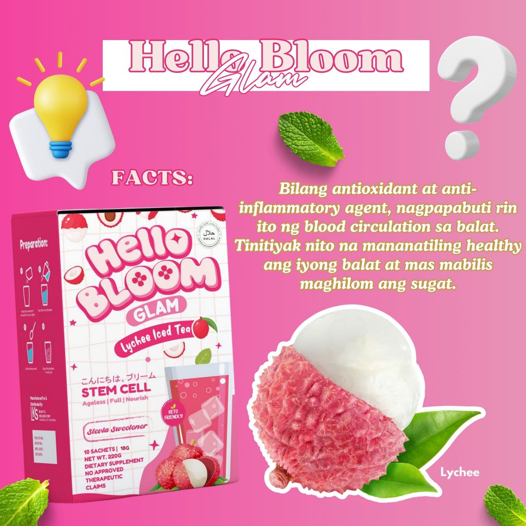 HELLO BLOOM GLAM LYCHEE ICED TEA STEM CELL DRINK SLIMMING WHITENING ...