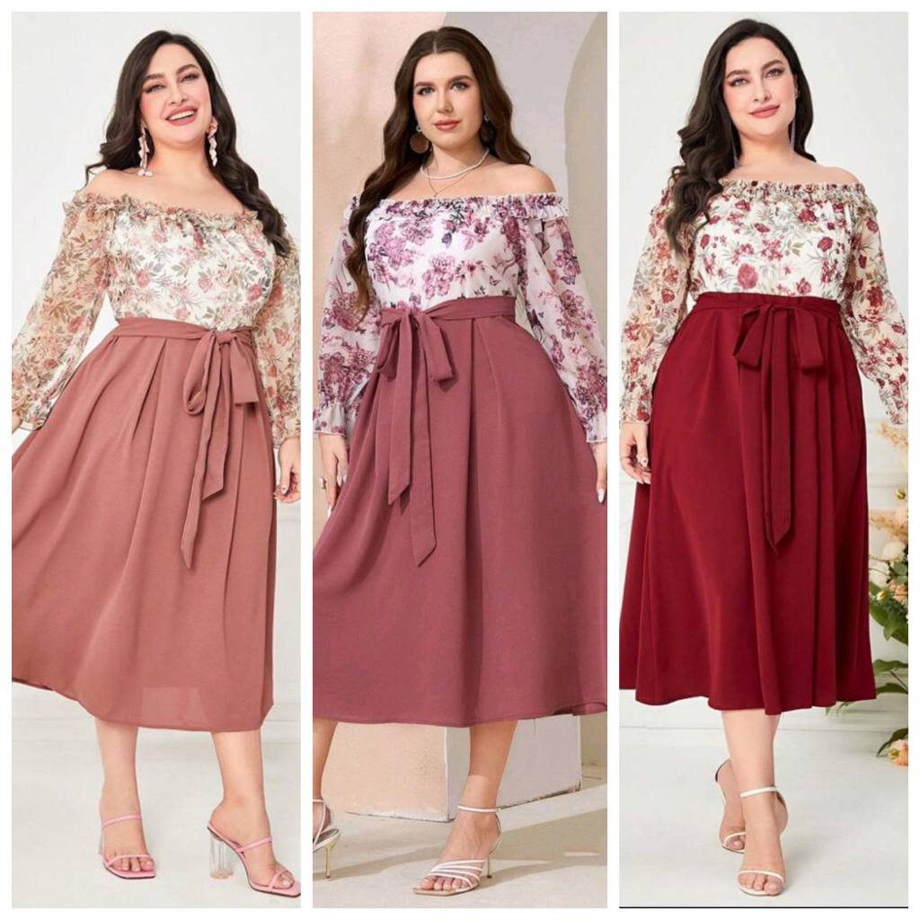 Fashion off shoulder plus size dress ruffle floral dress | Shopee ...