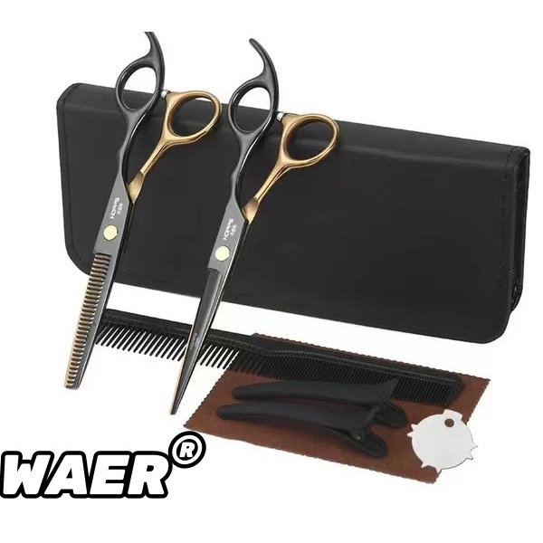 WAER Black Gold Barber Scissors Hair Cutting Kit Professional Stylist ...