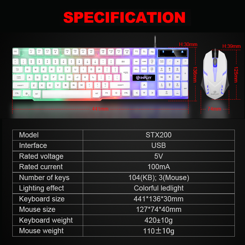 Inplay STX200 Keyboard Mouse Set Rainbow RGB Suspended Backlit Gaming ...