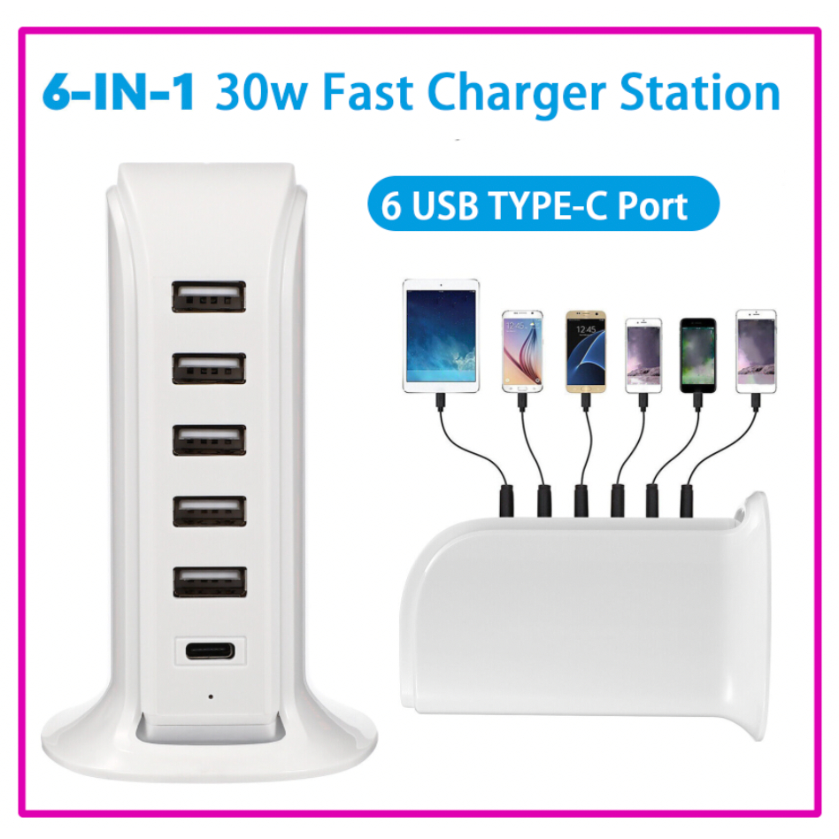 6-IN-1 NEW 30w Charger Station 6 USB TYPE-C Port Desktop Charger Tower ...