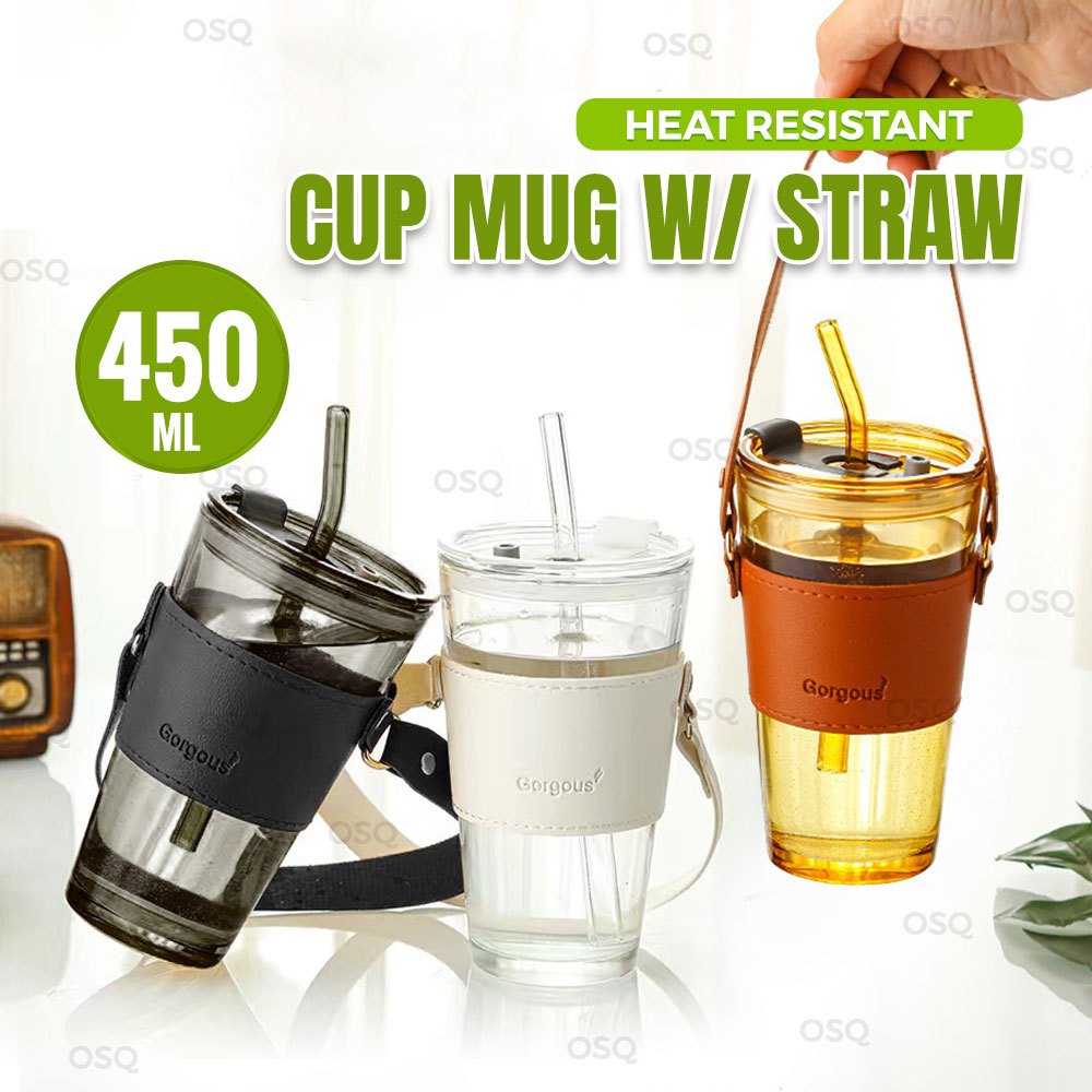 OSQ 400/450ml Double Glass Heat Resistant Lid Cup Mug W/ Straw & Protective Sleeve For Coffee ...