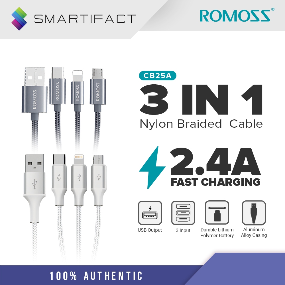 Romoss CB25A 1m Nylon-braided 8- pin & Micro-USB & Type-C 3-in-1 Cable ...
