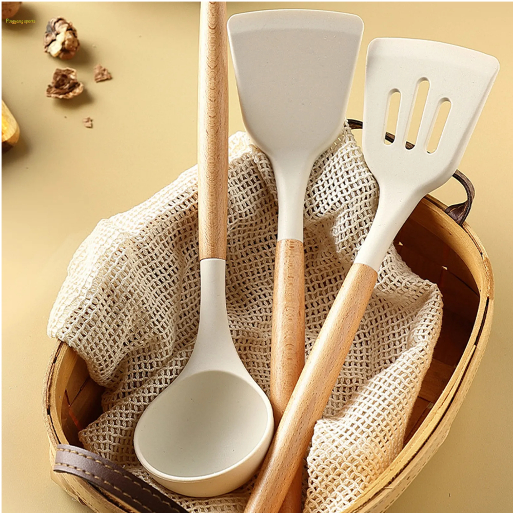 3PCS White Silicone Kitchenware Cooking Utensils Set Wooden Handle Non ...