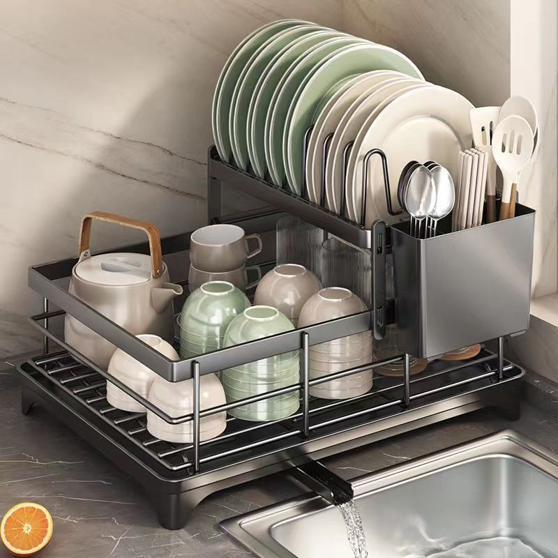Dish Rack 2-Tier With Drip Plate Rotatable Drain Rack Kitchen Organizer ...