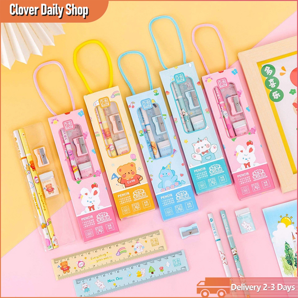 5 Pcs Stationery Kit Portable Cartoon Pencil Eraser Ruler Sharpener Set ...