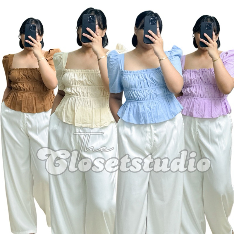 MICAH — LINEN FULL GARTERED PEPLUM PUFF SLEEVES TOP | Shopee Philippines