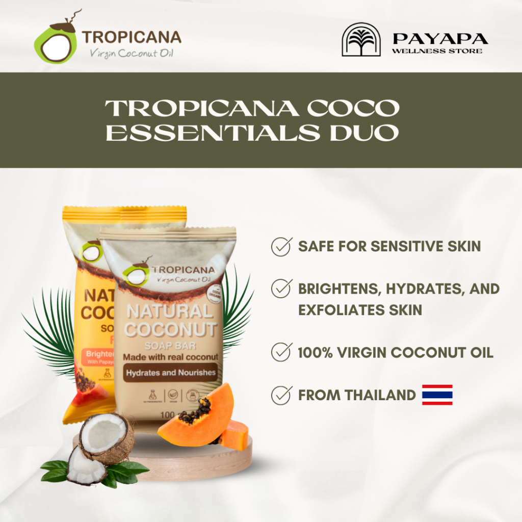 Tropicana Coco Essentials Duo (Natural Coconut Soap Bar 100g + Natural ...