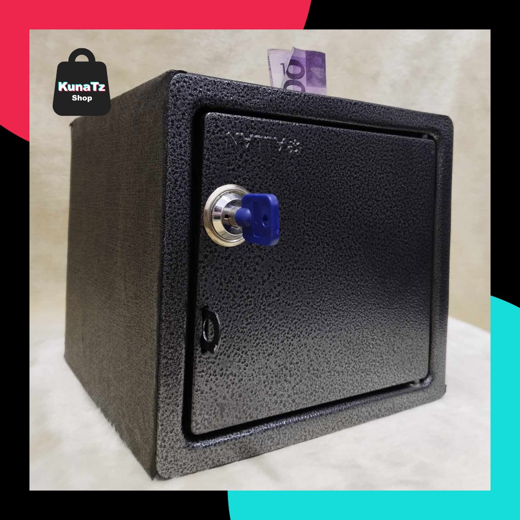 Mini BLACK Alkansya Metal Door Double Lock Mini Wooden Vault Safety Box ...