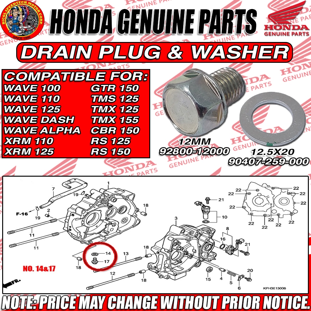 DRAIN PLUG & WASHER HONDA MOTORCYCLE (HPI) (GENUINE: 92800-12000/90407 ...