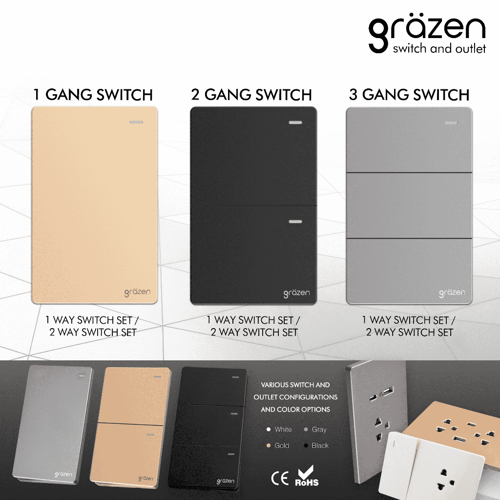GRAZEN Switch 1 Gang 2 Gang 3 Gang Colored Gold Gray Black White ...