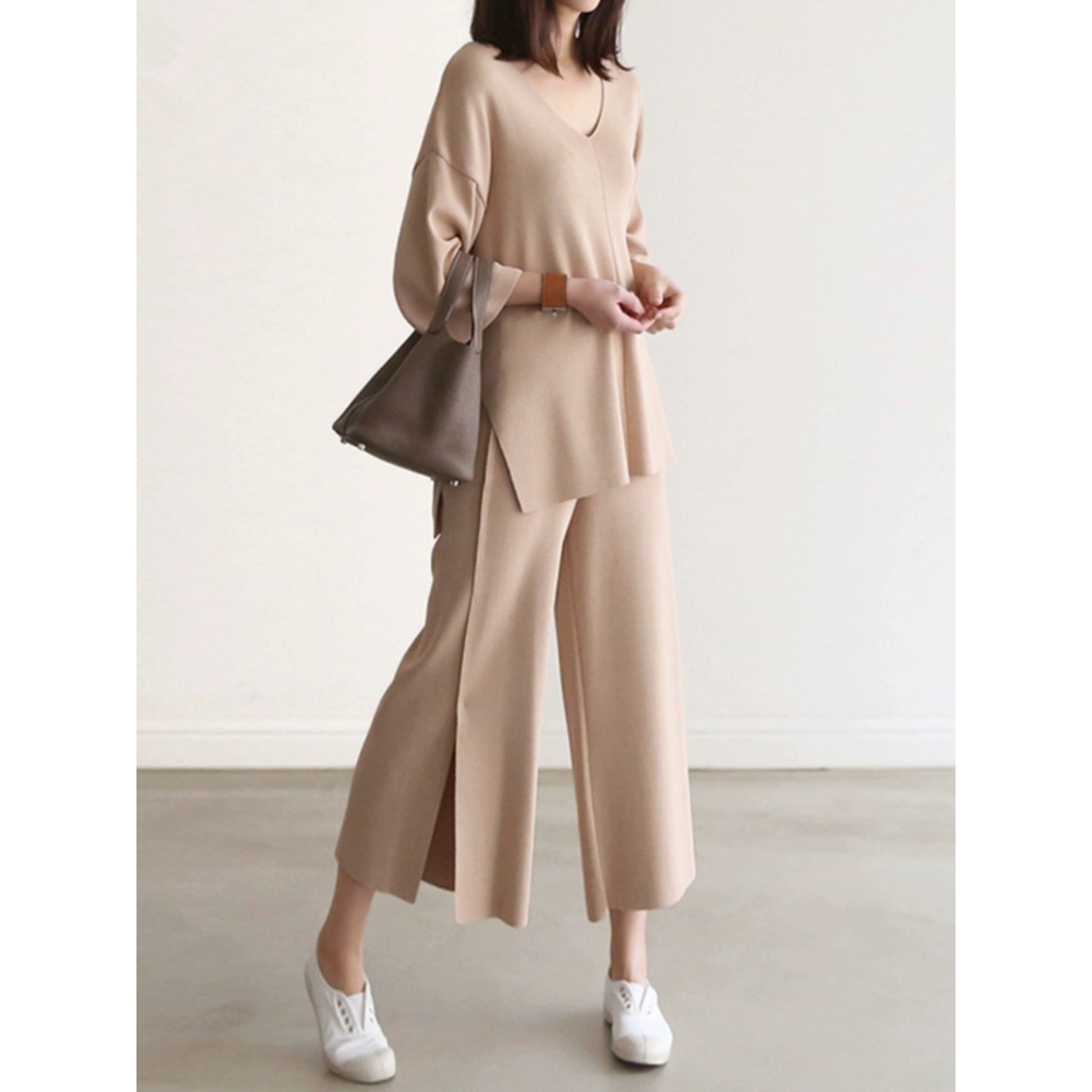 Miss M V-neck Mid-sleeve Side Slit Hem Top & Slit Wide Leg Garter Pants ...