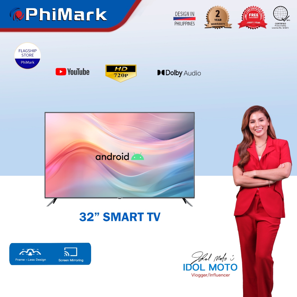 PhiMark 32" HD Frameless Android 11 Smart LED TV （1GB+8GB),ISDB-T Reciever,WIFI,MIRROR CAST ...