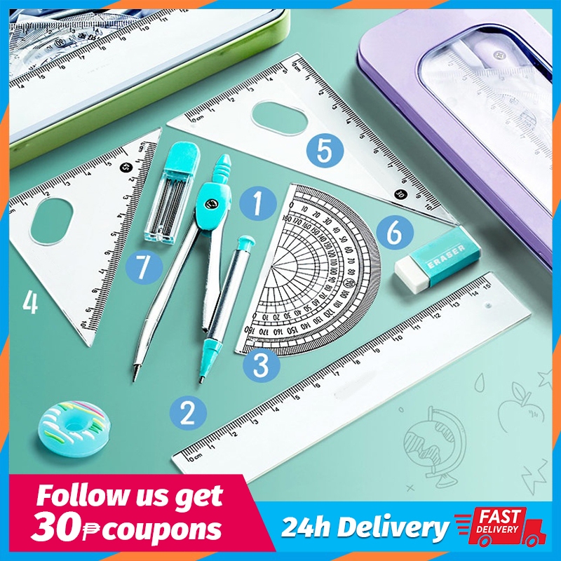 7pcs/Set Ruler Set Ruler Triangle Ruler Protractor Rubber Compass ...