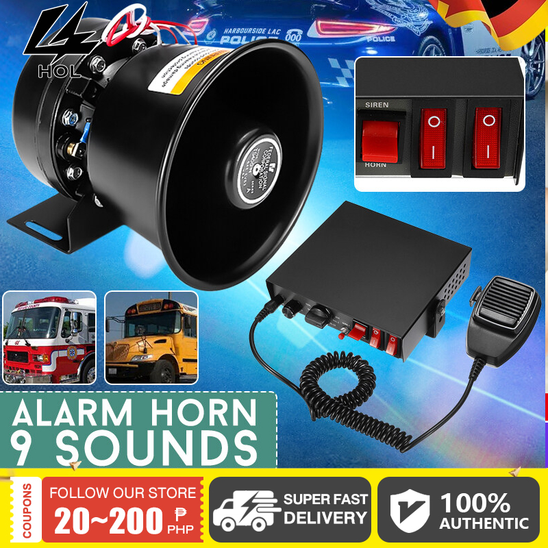400W 9 Sound 12V Loud Car Alarm System Police Siren Horn + Mic PA ...