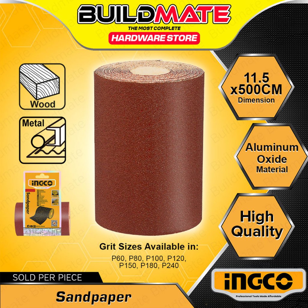 BUILDMATE Ingco 11.5x500cm Sandpaper Sheets P60 - P240 Grit Polishing ...