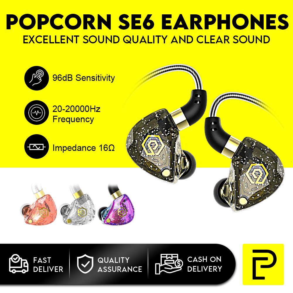 Popcorn SE6 Eearphone Deep Bass Dynamic In-Ear Earphones With Mic ...